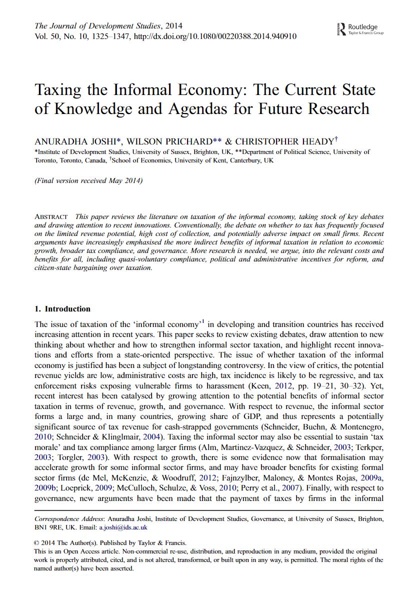 Taxing the Informal Economy: The Current State of Knowledge and Agendas ...