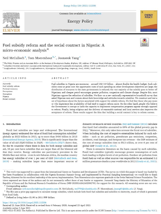 Fuel subsidy reform and the social contract in Nigeria: A micro-economic analysis – ICTD