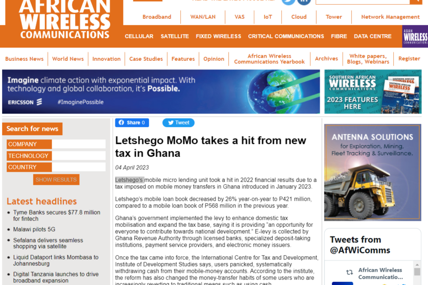 ICTD Ghana E-Levy features prominently story by African Wireless ...